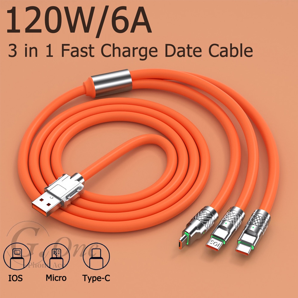 3 IN 1 Liquid Silicone Charging Cable 120W 6A Super Fast Charger USB ...