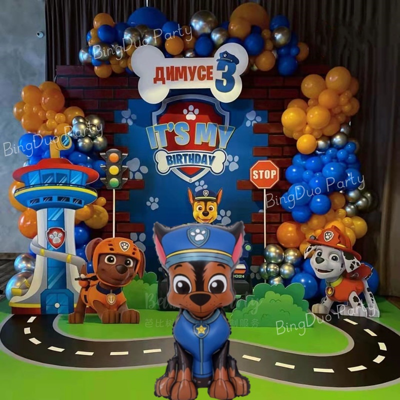 63/64pcs Paw Patrol Chase Balloons Garland Arch Kit 32"Blue Number Orange Blue Matte Balloon ...