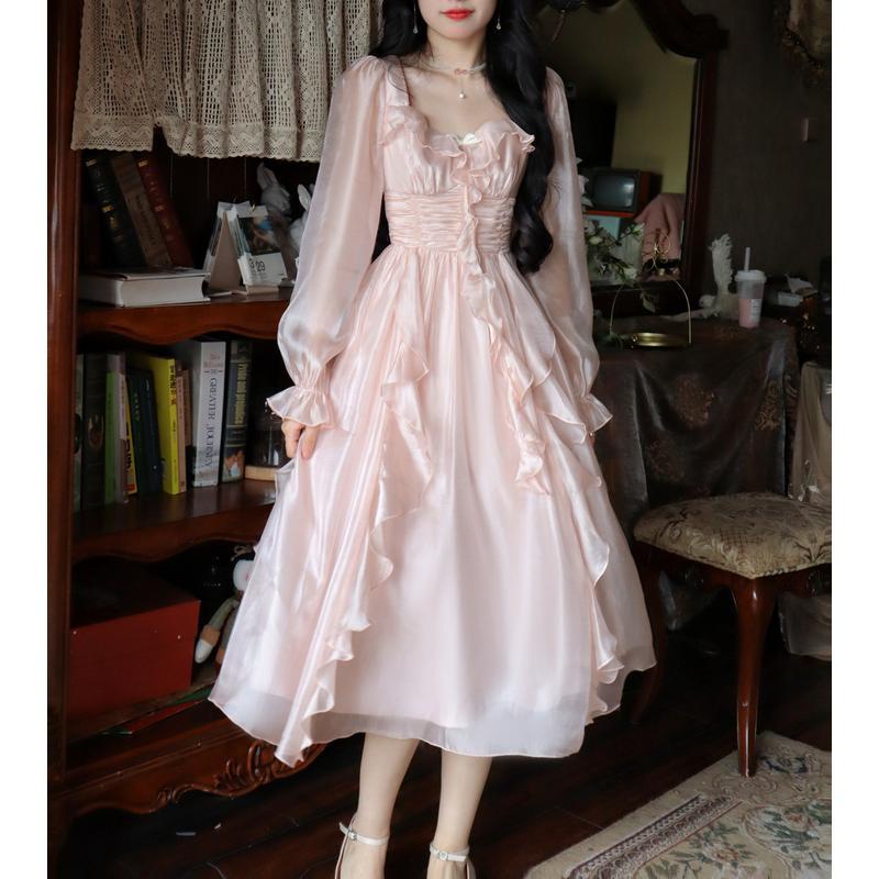 Pink Dress Long Sleeve High Waist Sweet Dress Fashion New Style Dress ...