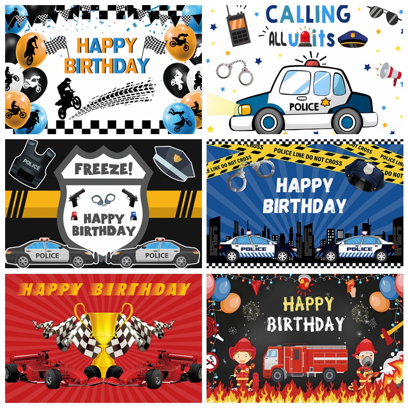 Birthday Photography Backdrop Fire Truck Racing Car Police Party Decor ...