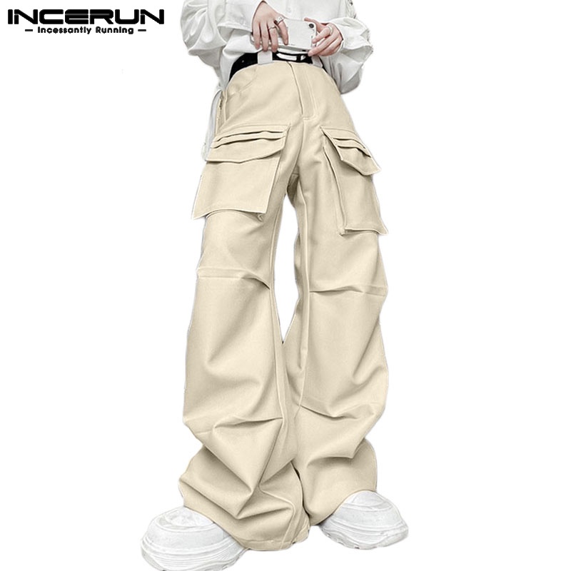 INCERUN Solid color multi bag pleated straight leg pants | Shopee ...
