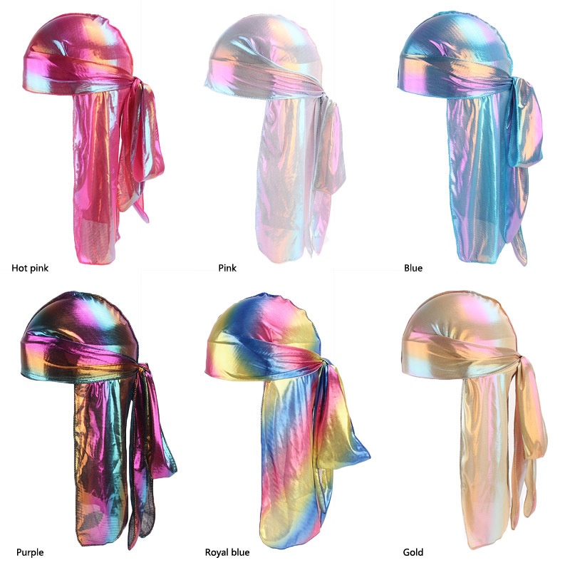 Men Women Durag Extra Long Tail Headwraps Glitter Laser Pirate Cap