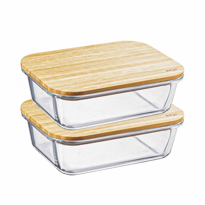 "Food Storage Rectangular Glass Containers With Bamboo Lid 2Pc Set ...