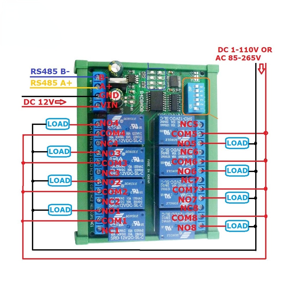 DC 12V 8 Ch RS485 Relay Board Modbus RTU UART Remote Control Switch DIN35 Rail Box for PLC ...