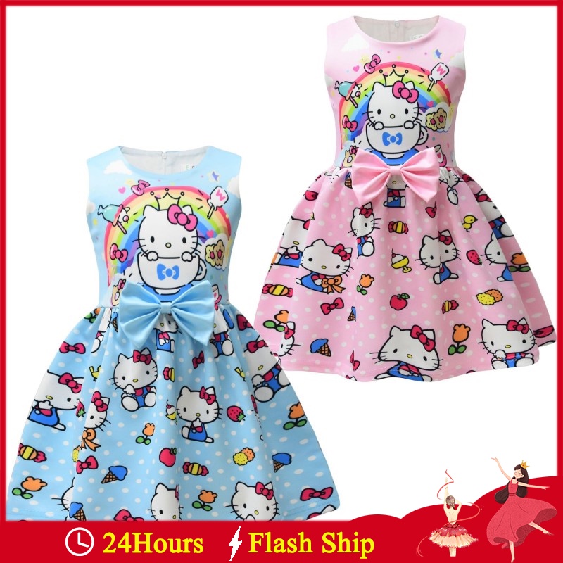 Hello Kitty Ootd Blue Pink Dress for Kids Girl Cartoon Sleeveless Bow ...