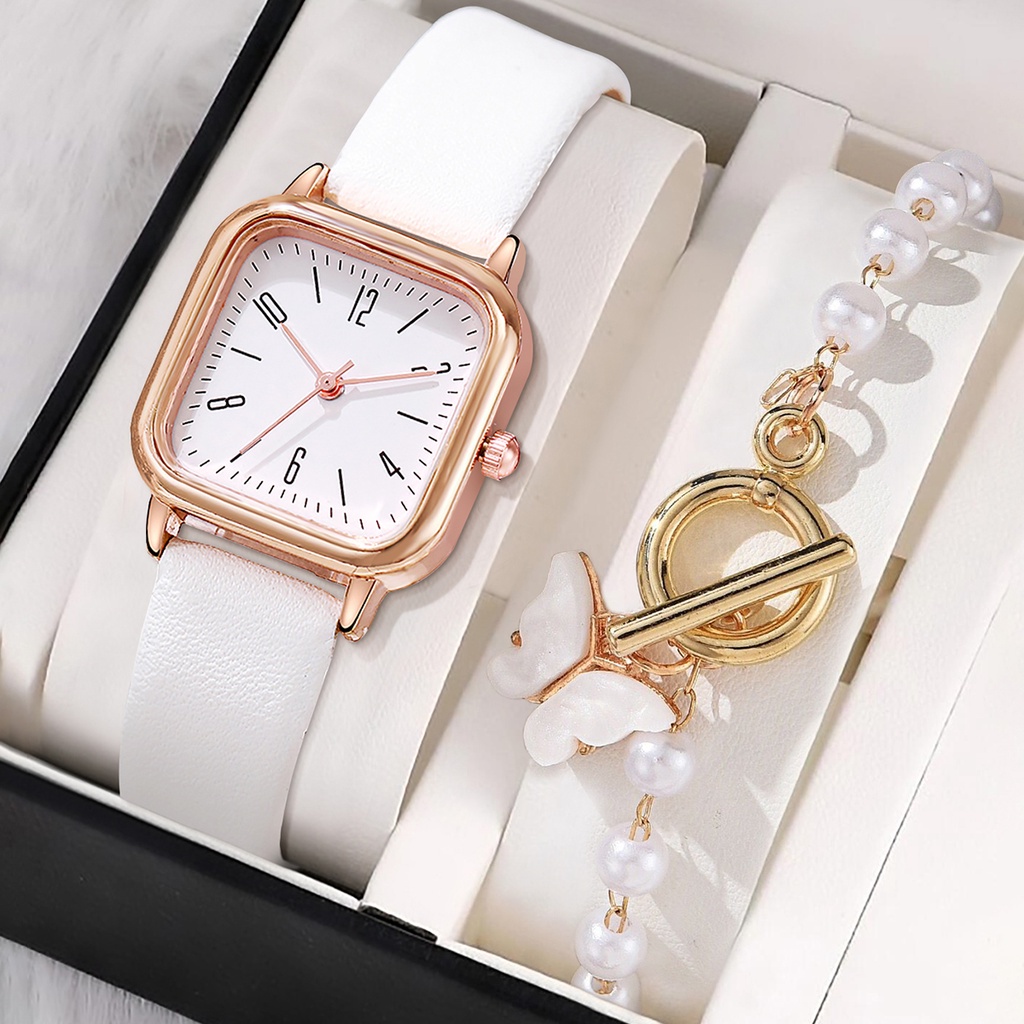 Women Quartz Watch Set Korea Style Fashion Leather Strap Square Dial ...