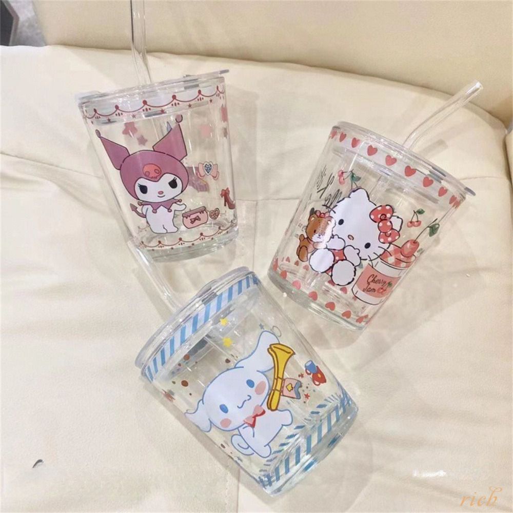 280ml Sanrio Glass Straw Cup Cinnamoroll Kuromi Hello Kitty Beverage ...