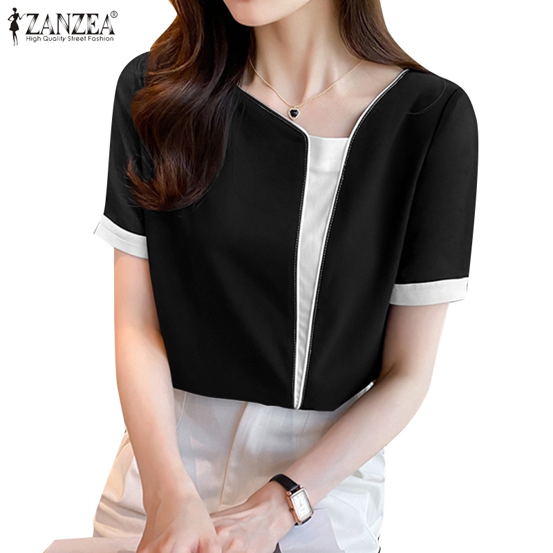 ZANZEA Women Korean Daily Short Sleeves Slant Shoulder Hit Color Casual ...