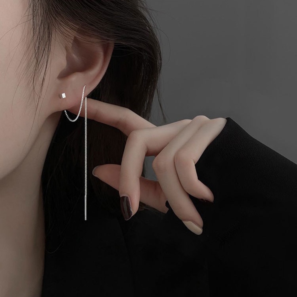 S925 Hikaw Silver Long Threader Earings Square Earrings for Piercing ...