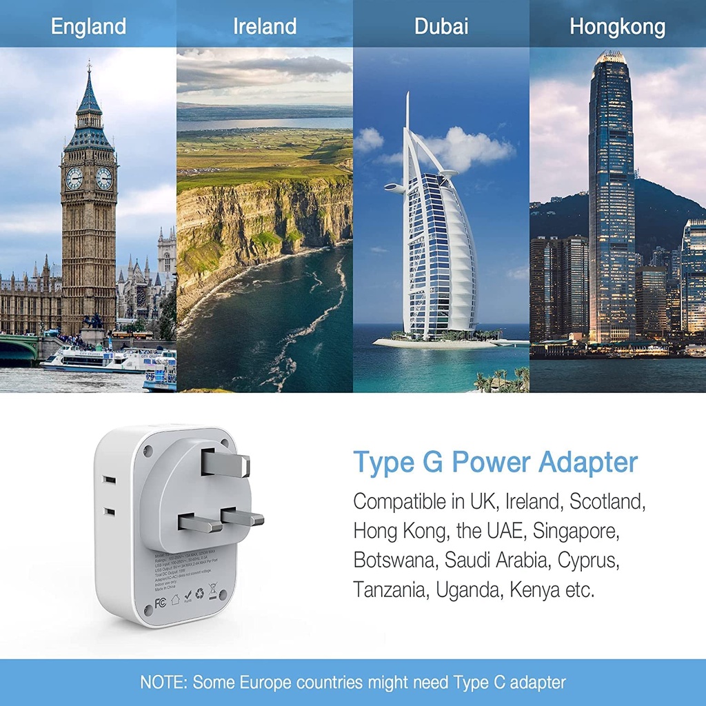 TESSAN Type G Plug Adapter with USB+Type C,Conversion Plug Adaptor for ...