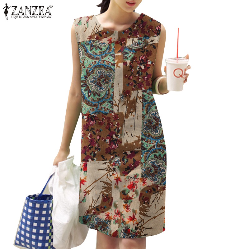 ZANZEA Women Sleeveless Floral Printed Sundress Cotton Vintage Party ...