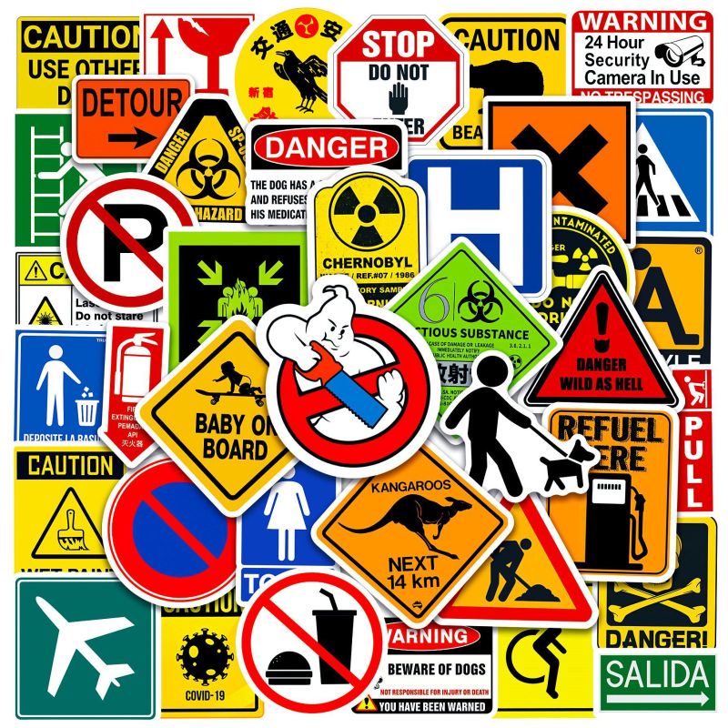 Warning Danger Signs Stickers, 50pcs Waterproof Caution Warning Marking ...