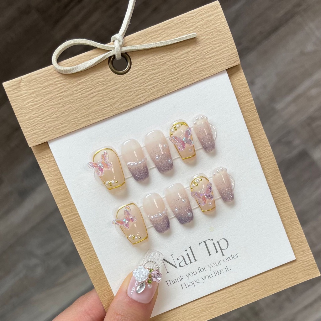 [HANDMADE]Artificial Nail Butterfly Violet Gradient Phototherapy Nails ...