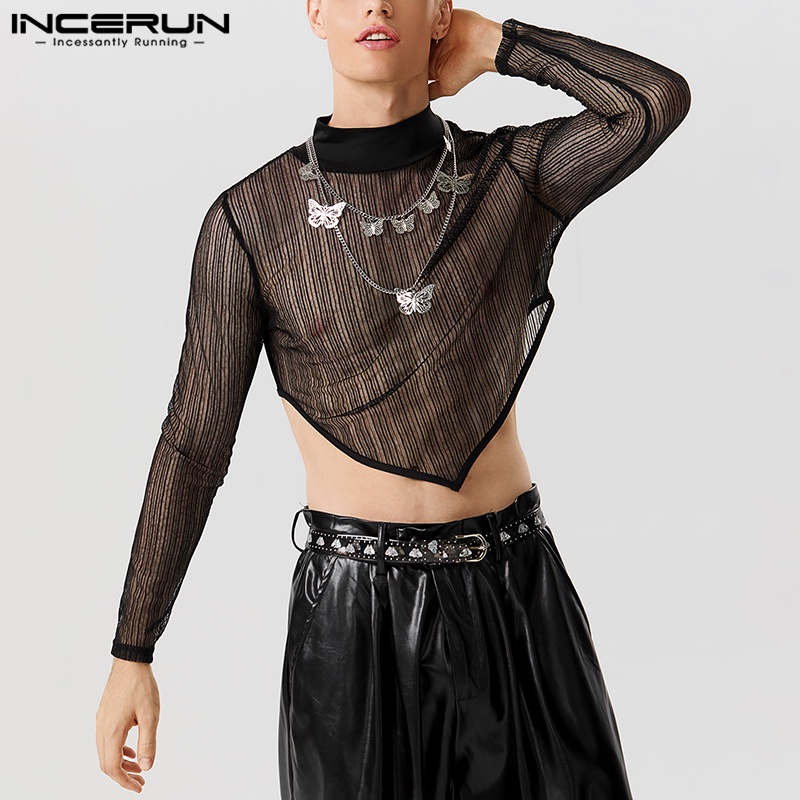 INCERUN Vertical Mesh Cut Irregular Hem Long Sleeve Top T-shirts ...