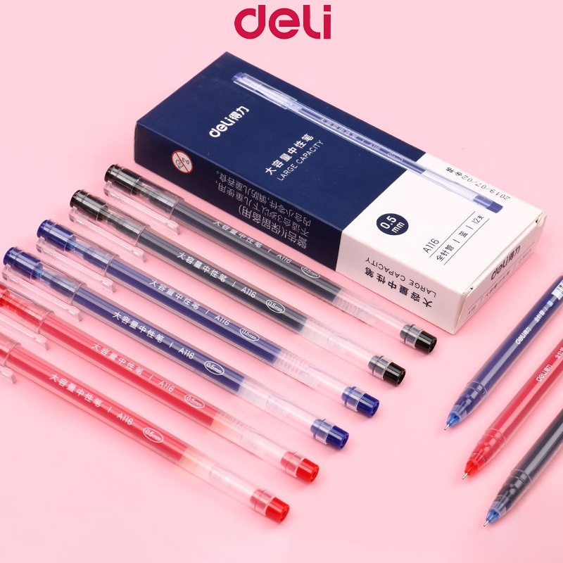 Deli Gel Pen 0.5mm (Black/Blue /Red) Writing Pen Stationery School ...