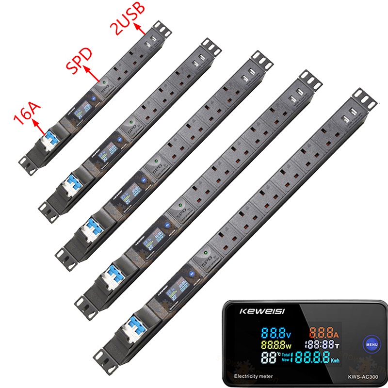 British standard three pin hole power distribution device, with digital display meter PDU power ...