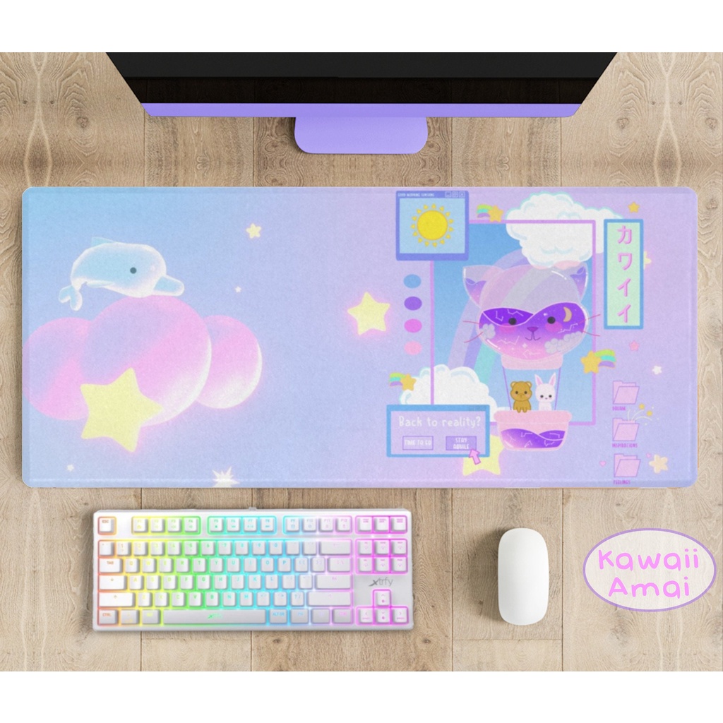 Purple cat anime desk mat, Pastel XXL mouse pad gaming, Kawaii large ...