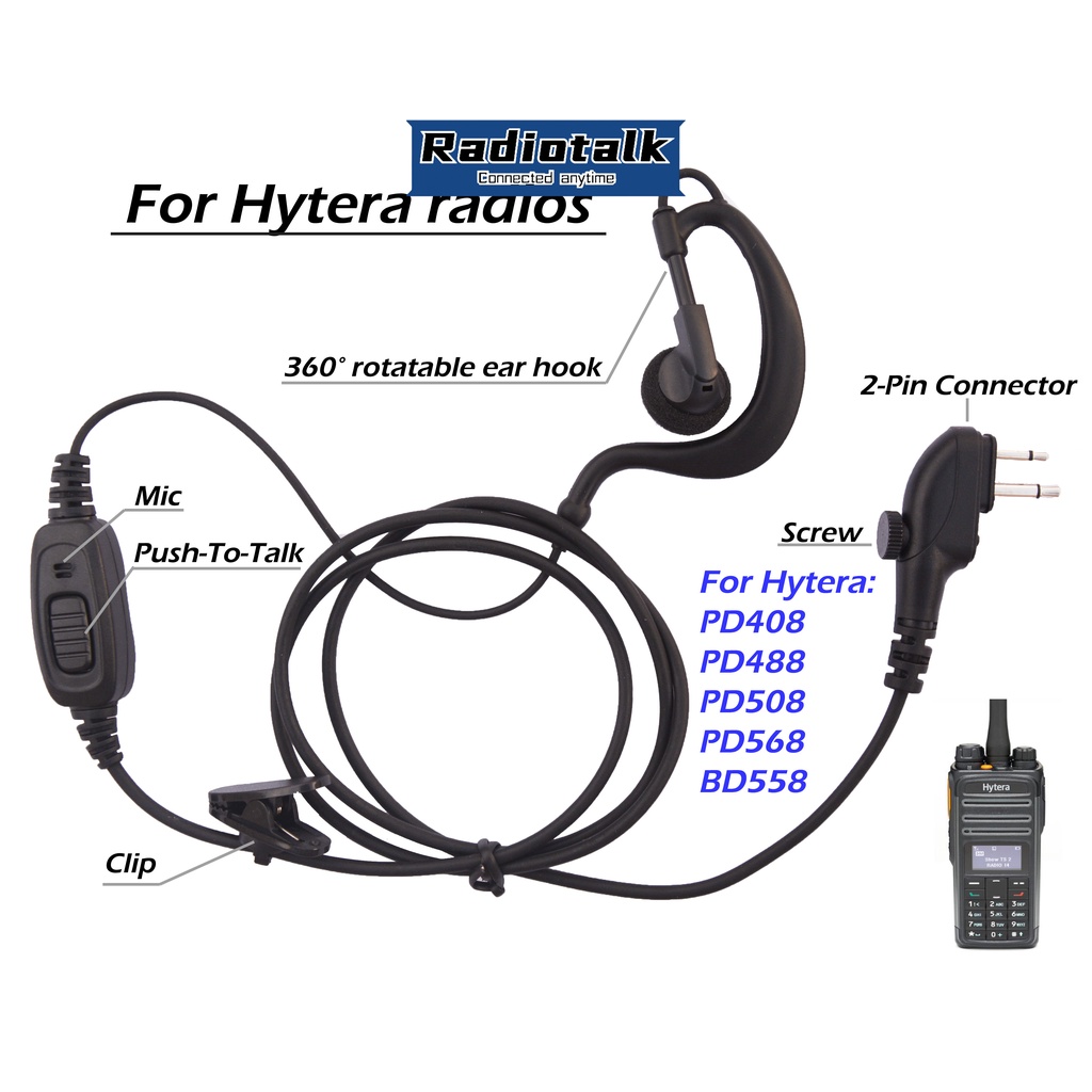 Headset for Hytera PD408 PD488 PD508 PD568 G-shape earhanger with PTT microphone and cable clip ...