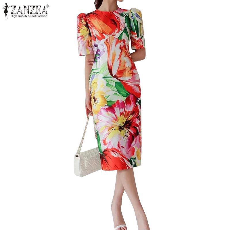Zanzea Women Korean Daily Holiday Short Sleeves Round Neck Back Zipper