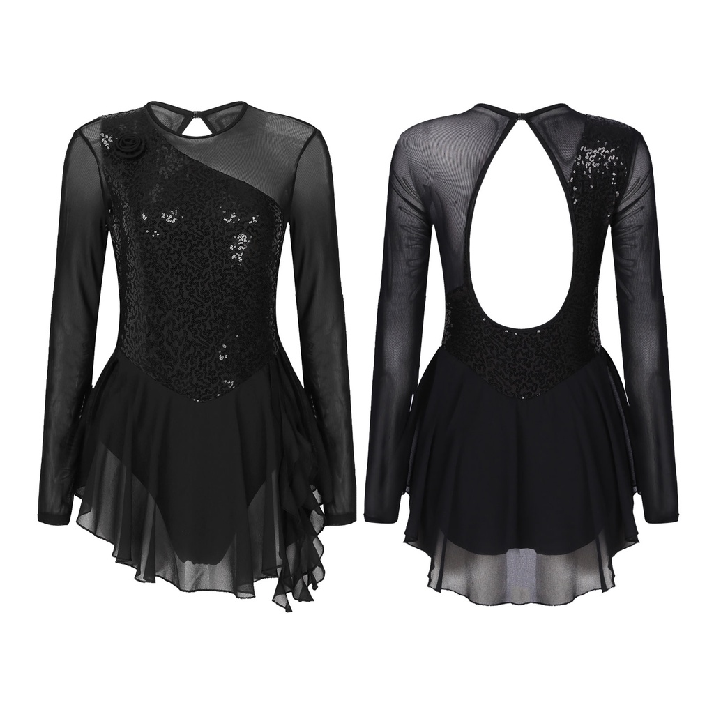 Women Sheer Mesh Long Sleeve Figure Skating Costume Shiny Sequin ...