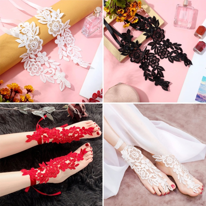 Best Sexy Lace Bridal Barefoot Sandals Floral Embroidery Anklet With Toe Ring Slave Anklet
