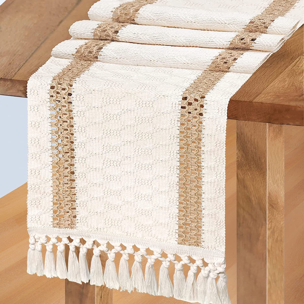 Cotton Linen Table Runner Color Matching Knotted Hollow Tassel Dining ...