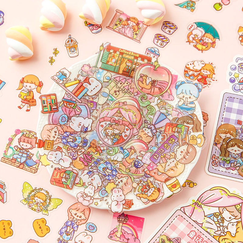 50 Pcs Cute Cartoon Girl Stickers Pack Student Diary Deco DIY Material ...
