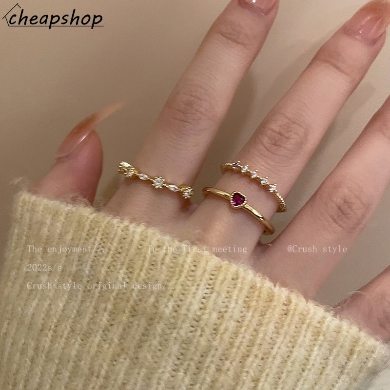 Ifyou 3Pcs/set Vintage Zircon Heart Ring Set Crystal Gold Rings for ...