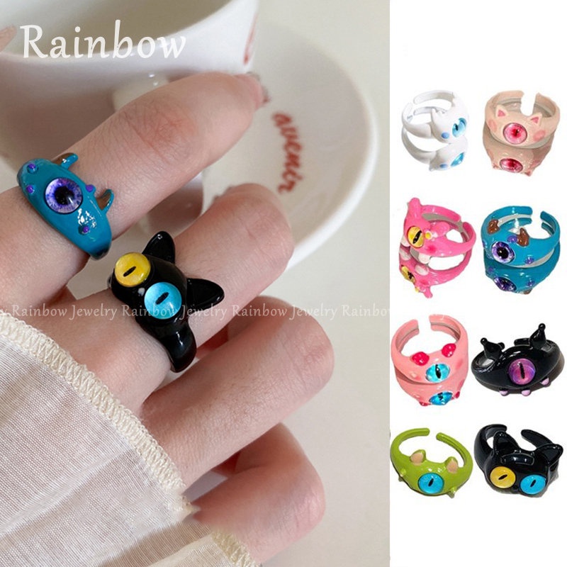 [Rainbow] Funny Black Cat Little Monster Ring Big-eyed Boy Sweet and ...