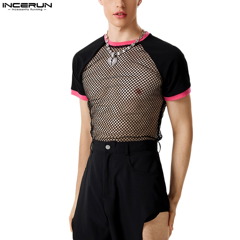 INCERUN Men Vintage Round Neck Mesh Patchwork Tight Fitting Plunge ...