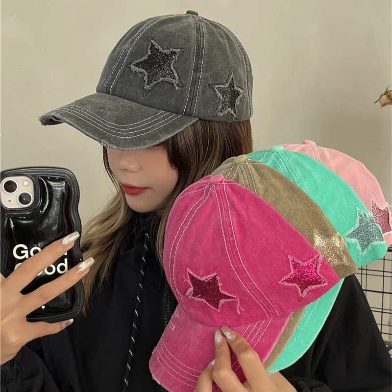 Y2K Glitter Star Washed Denim Baseball Cap / American Retro Hip-hop ...