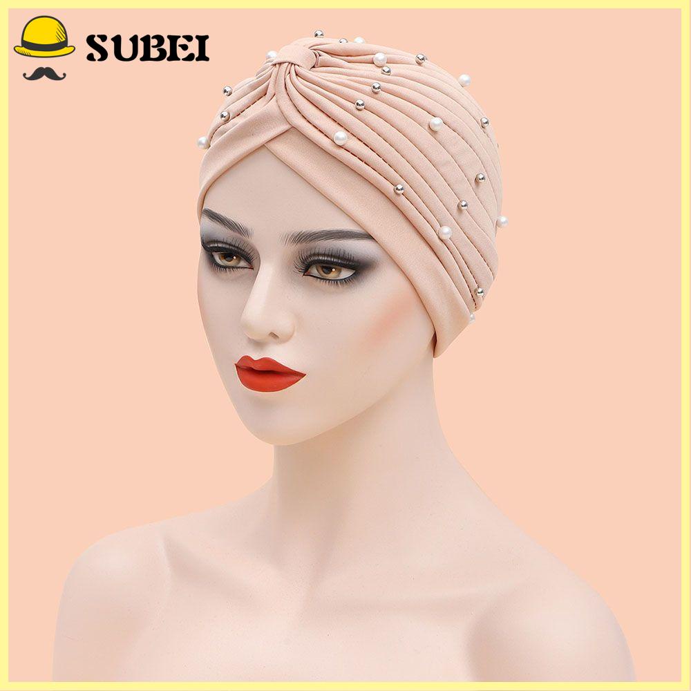 SUBEI1I Solid Folds Muslim Turban Scarf Multicolor Pearl Beaded Arab ...