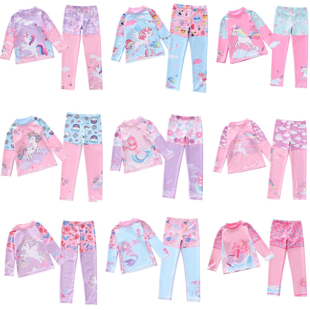 Girls Swimsuit 2PCS Long Sleeve Rashguard + Swim Pants Sun UV ...