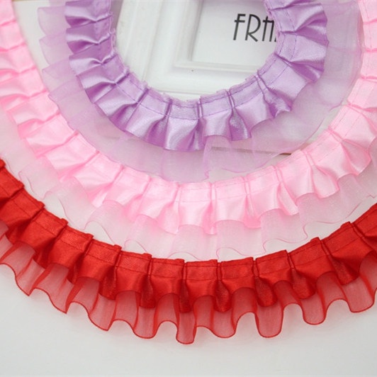 【1m】Satin Ruffles Double Lace Trim Ribbon Apparel Dress Craft Supplies ...