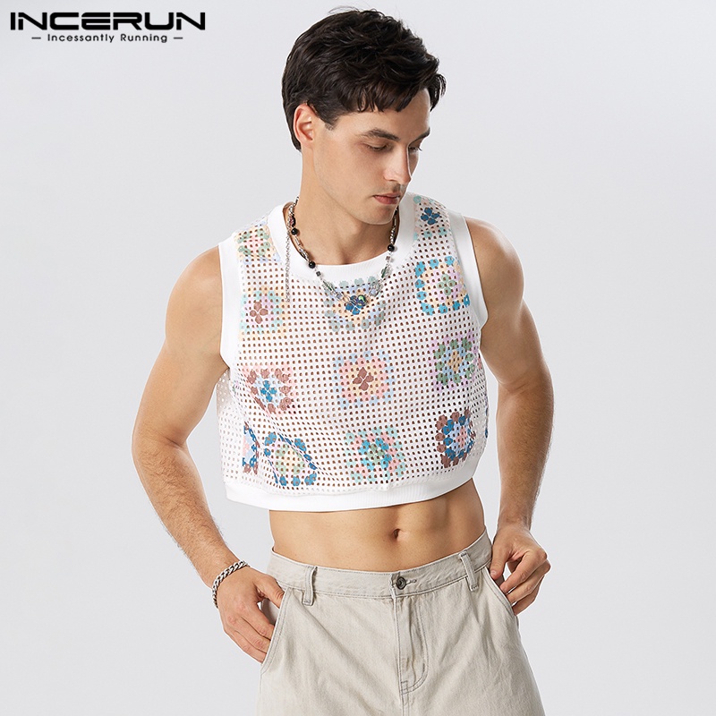 INCERUN Vacation Style Mesh Hollow Print Short Tank Top Tanks | Shopee ...