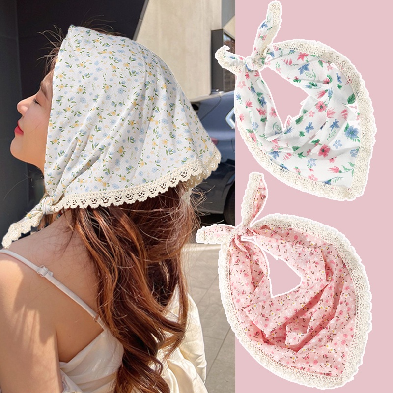 LEVAO Women's Headband Lace Edge Triangular Scarf Flower Prints Turban ...