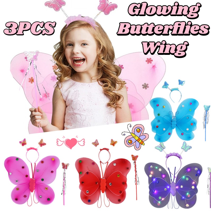 3Pcs Glowing Butterflies Wing Colorful Lighting Head Band Fairy Wand ...