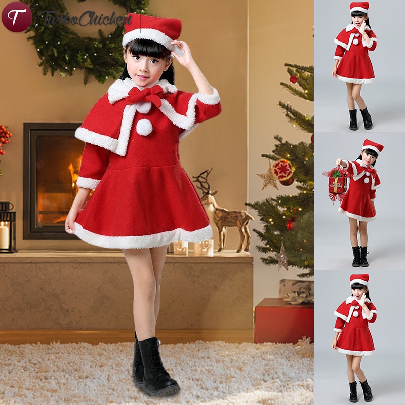 Girl Christmas Outfit Santa Claus Costume Red Long-sleeved Dress with ...