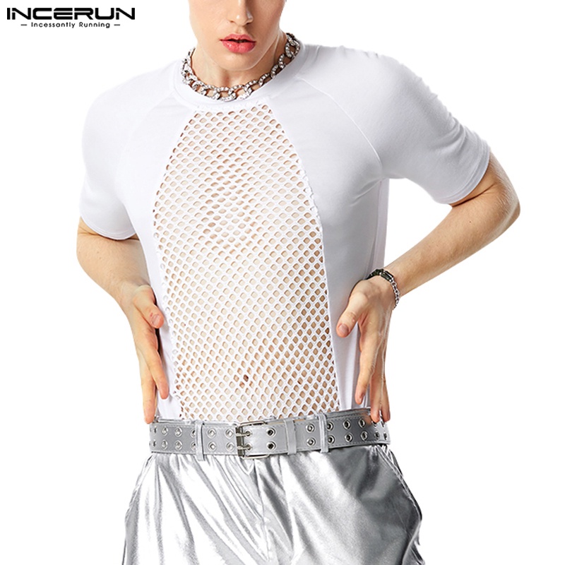 INCERUN Men Vintage Mesh Cutout Patchwork Short Sleeve T-Shirts ...