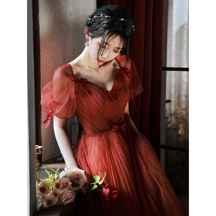 Red Bridal Wedding Toast Dress Fairy Temperament Short Sleeve Square ...