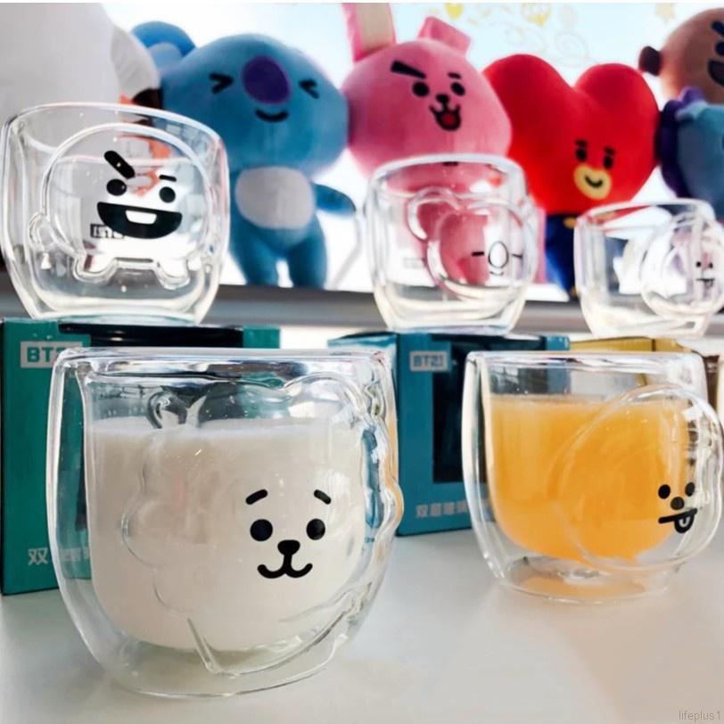 BT21 Double Glass Cup BTS Cartoon Insulated Water Coffee Tea 300ml ...