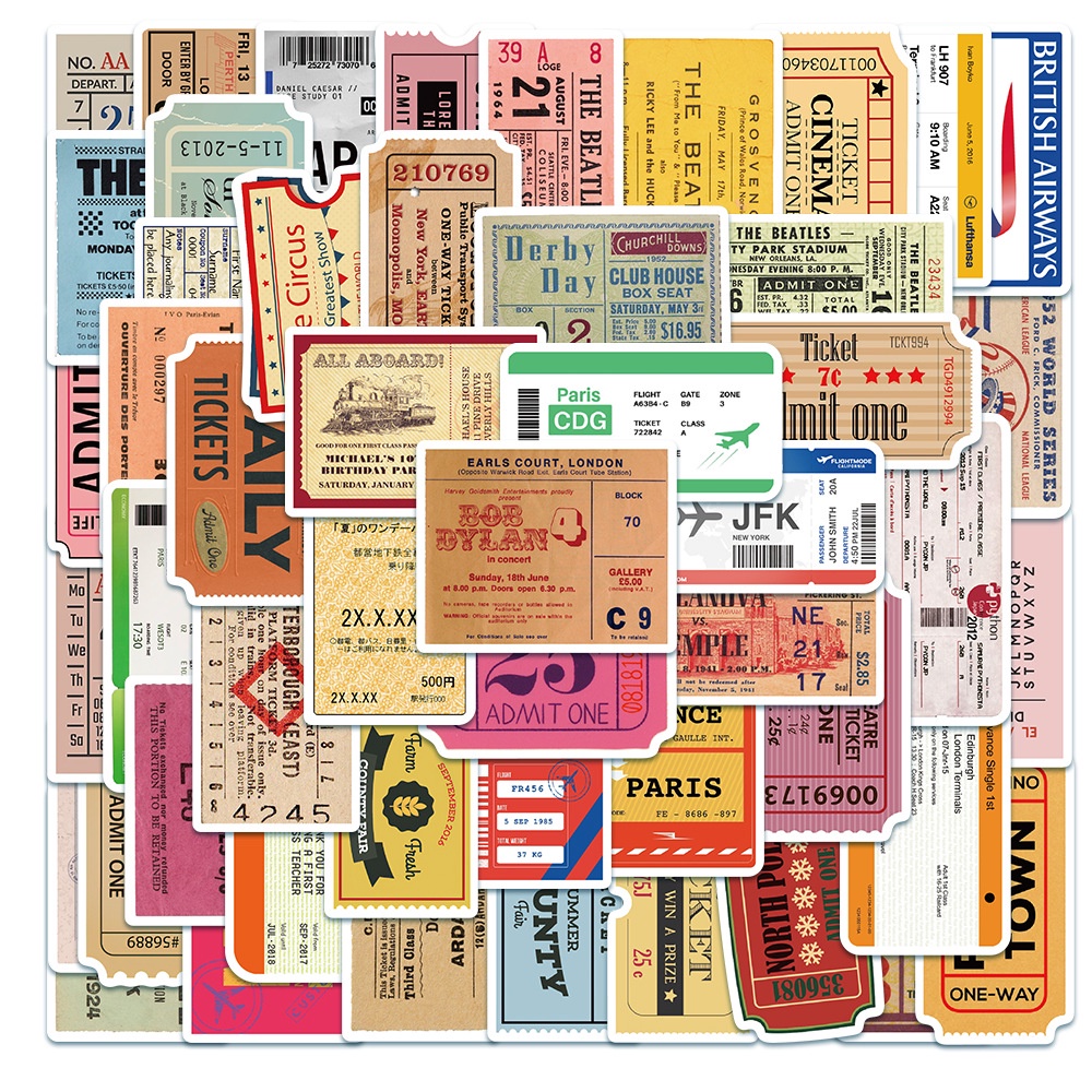 50 Sheets Non-Repetitive Old Ticket Stub Graffiti Stickers Luggage ...
