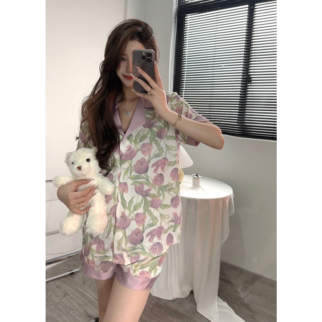 Women's Ice Silk Pajamas Short Sleeves Sweet Tulip Print Home Clothes ...