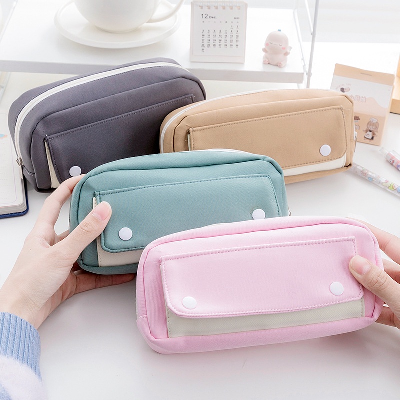 Simple Solid Color Large Capacity Pencil Case Flip Snap Button ...