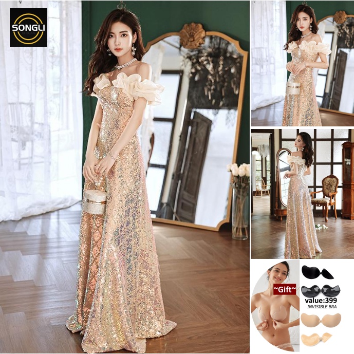 French Gold Evening Dress Gown For JS Prom Dress New Sexy Off Shoulder ...