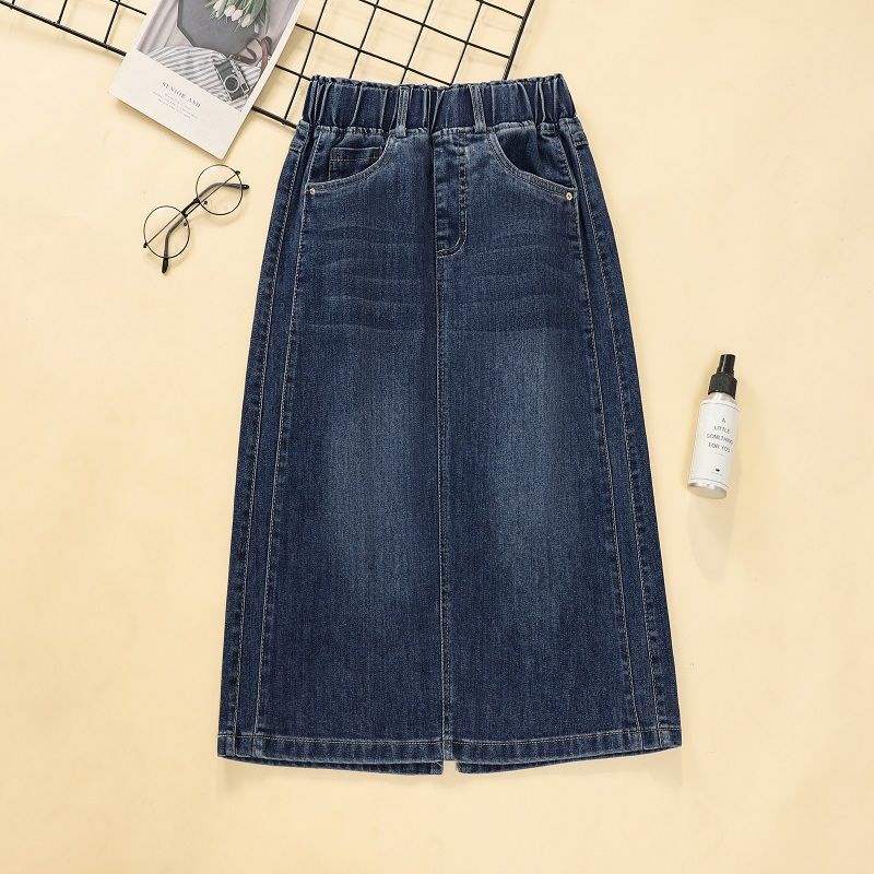Plus Size S-4XL Women's Elastic Waist Denim Skirts Casual A-line Female Midi Skirt with Slit ...