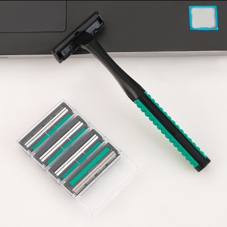 2 Sharp Razor Blades Stainless Steel 2 Layer Blade Green Handle Manual ...