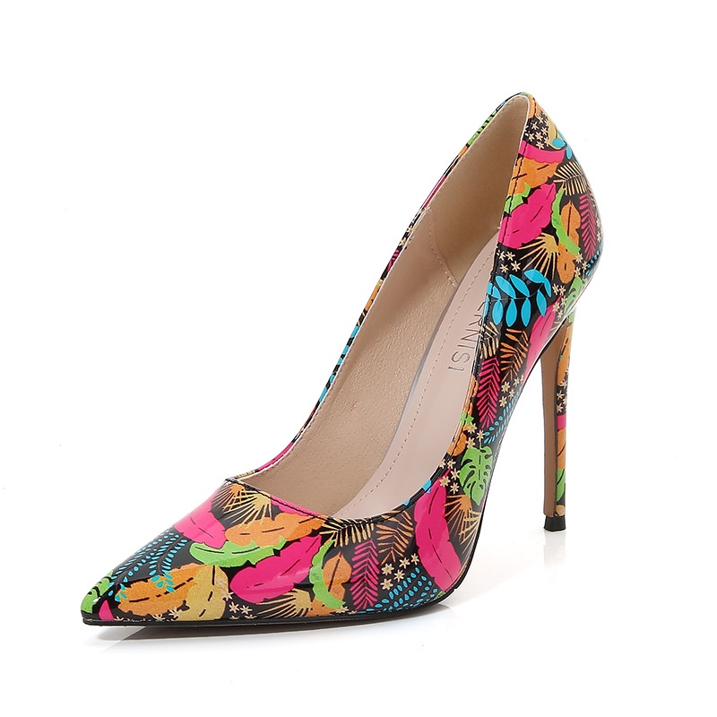 Flower Floral Print High Heels Shoes Woman Pumps 12cm Tacones Pointed ...