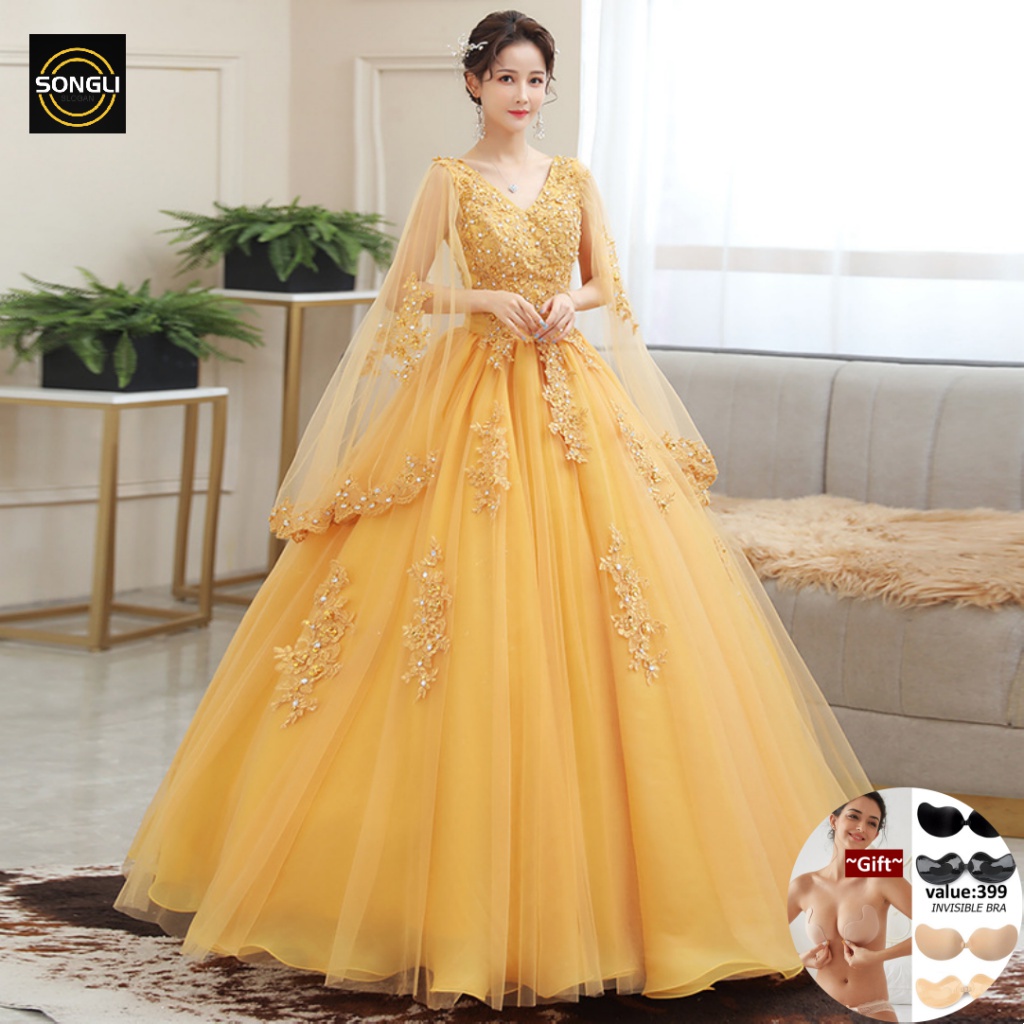 Colorful Wedding Dress Gold Prom Gown Host Performs Student Graduation ...