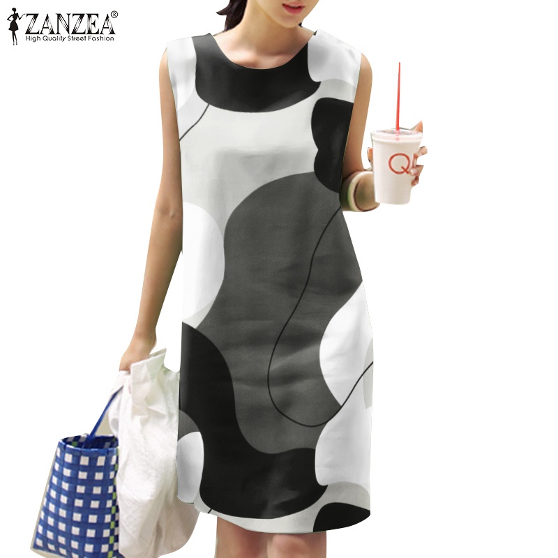 ZANZEA Women Korean Sleeveless Round Neck Casual Printed Dresses ...